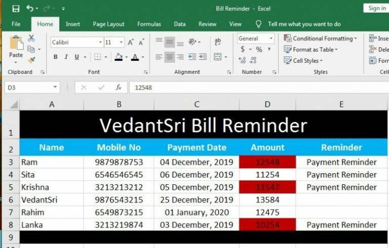MS Excel Bill Reminder Project-8 - Best Computer Coaching Near Me